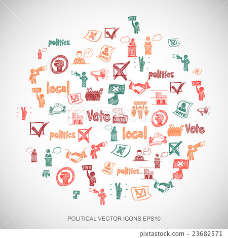 Multicolor doodles Hand Drawn Politics Icons set - Stock Illustration ...