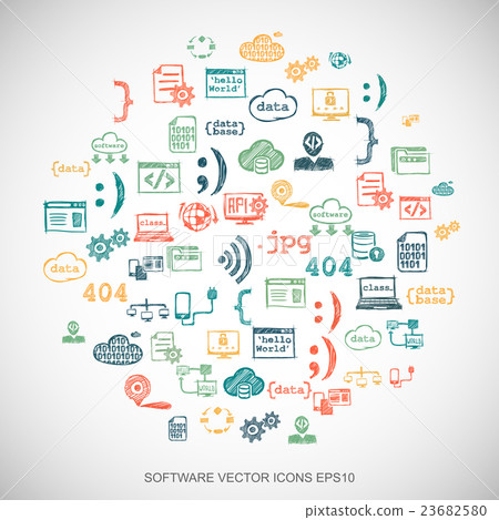 Multicolor doodles Hand Drawn Programming Icons - Stock Illustration ...