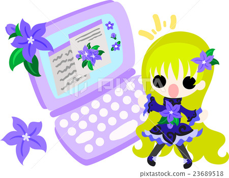 Cute girl and a purple flower computer - Stock Illustration [23689518 ...