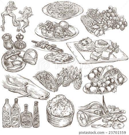 Food. Freehands, hand drawn collection. Line art. - Stock Illustration ...