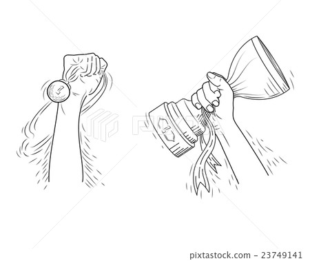 Winner Hand Raising Up a Medal and Trophy - Stock Illustration ...