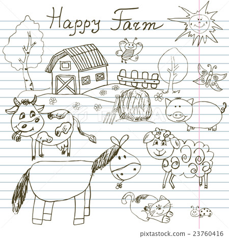 Happy farm doodles set. Handdrawn sketch vector - Stock Illustration ...