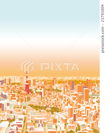 Evening Tokyo townscape illustration bird's-eye... - Stock Illustration ...
