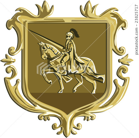 Knight Riding Steed Lance Coat of Arms Retro - Stock Illustration ...