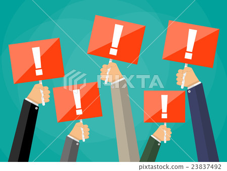 hands holding sign boards with exclamation mark - Stock Illustration ...