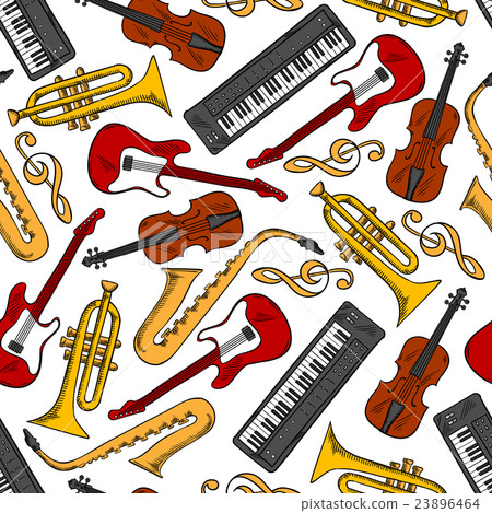 Musical instruments, treble clefs seamless pattern - Stock Illustration ...
