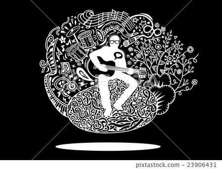 Doodle musician playing guitar and sings a song - Stock Illustration ...
