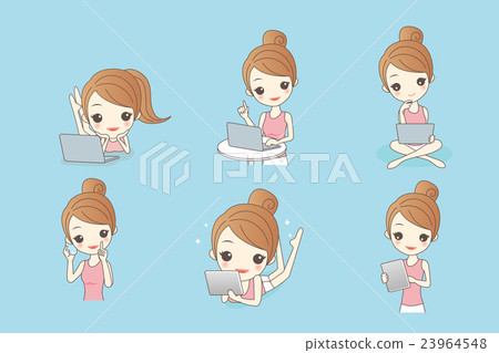 happy cartoon woman use computer - Stock Illustration [23964548] - PIXTA