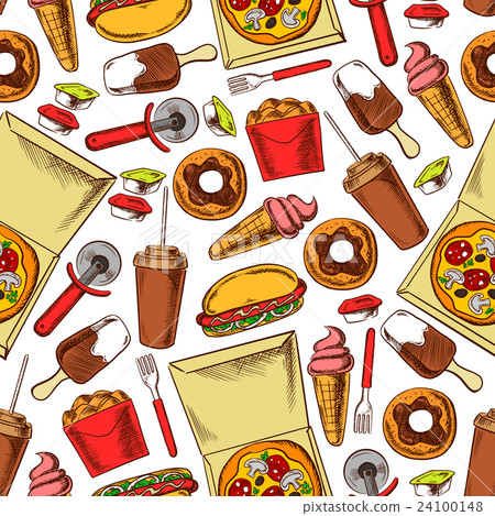 Fast food, drinks, desserts. Seamless background - Stock Illustration ...