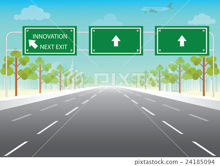 Road sign with innovation exit words on highway. - Stock Illustration ...