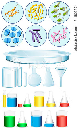 Set of science containers and bacteria on tray - Stock Illustration ...