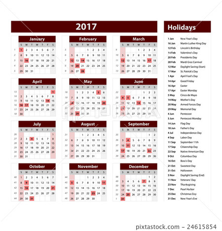 2017 Calendar template. Horizontal weeks - Stock Illustration [24615854 ...