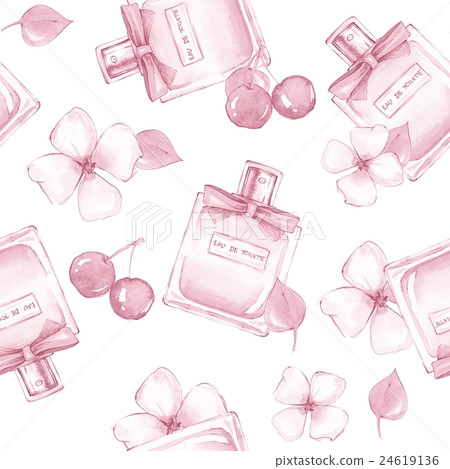 Bottle of perfume and flowers. Seamless pattern 8. - Stock Illustration ...