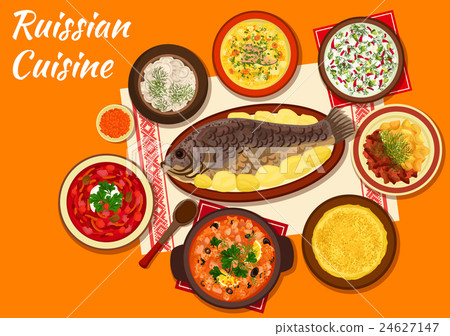 Russian cuisine dishes for dinner menu design - Stock Illustration ...