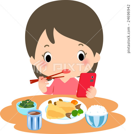 A young woman using a smartphone while eating - Stock Illustration ...