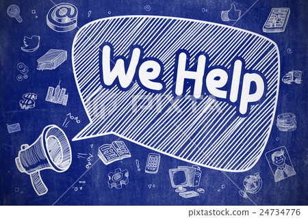We Help - Cartoon Illustration on Blue Chalkboard. - Stock Illustration ...