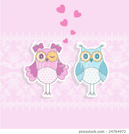 Two owls in love on a pink background with a patte - Stock Illustration ...