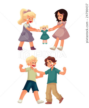 Girls fighting over a doll and boys punching each - Stock Illustration ...