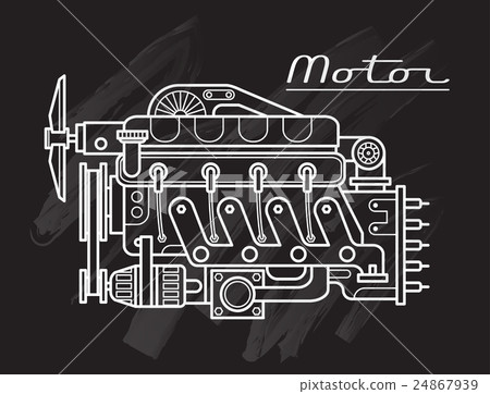 Motor. Engine line drawing black background. - Stock Illustration ...