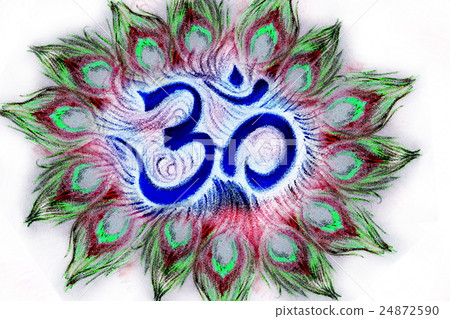 sacred aum sanskrit symbol in circle of peacock - Stock Illustration ...