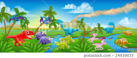 Cute Cartoon Dinosaur Scene Landscape - Stock Illustration [24939035 ...