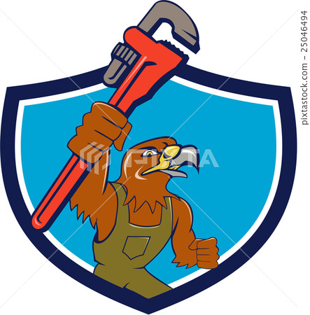 Hawk Mechanic Pipe Wrench Crest Cartoon - Stock Illustration [25046494 ...
