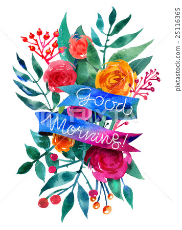 Good Morning watercolor flower card. Beautiful - Stock Illustration ...