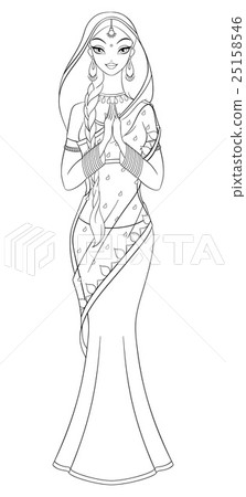 Outlined Indian girl in sari. Coloring page vector - Stock Illustration ...