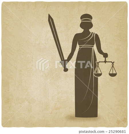 Themis with sword and scales old background - Stock Illustration ...