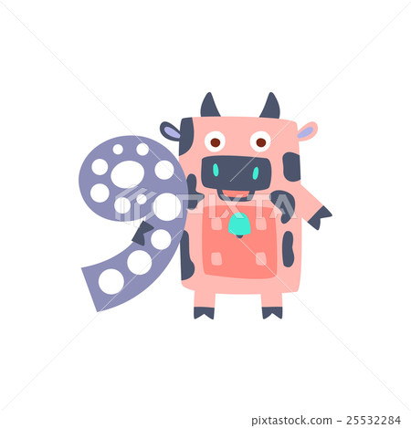Cow Standing Next To Number Nine Stylized Funky - Stock Illustration ...