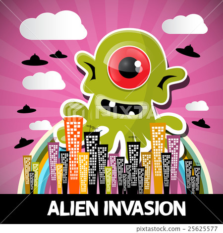 Alien Invasion Cartoon with Big Green Monster - Stock Illustration ...