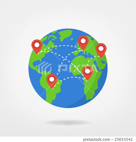 globe, world map location pin points illustration - Stock Illustration ...