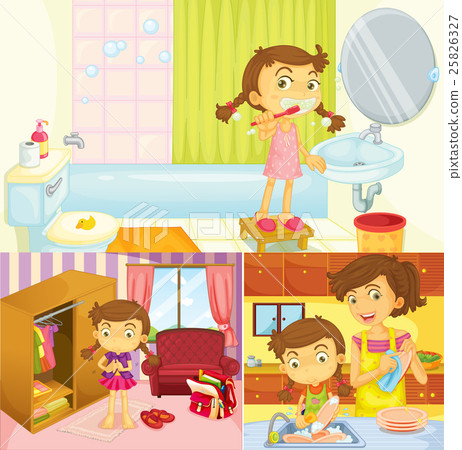 Girl doing different activities at home - Stock Illustration [25826327 ...