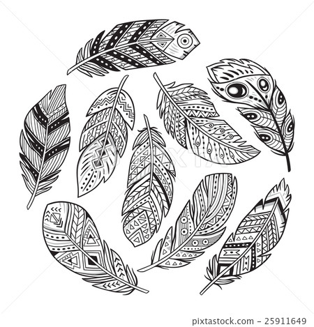Outline set of abstract boho feathers on a white - Stock Illustration ...