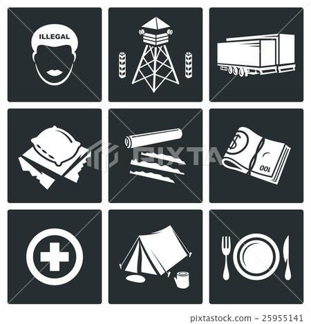 Camp for displaced persons Vector Icons Set - Stock Illustration ...