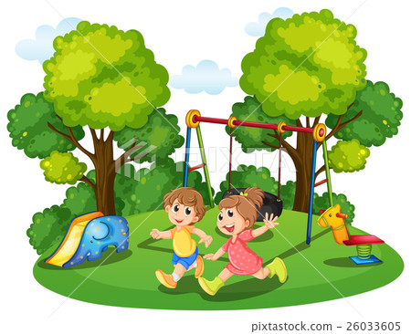 Two kids running in the park - Stock Illustration [26033605] - PIXTA