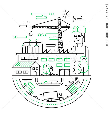 Industrial plant with a worker - line design - Stock Illustration ...