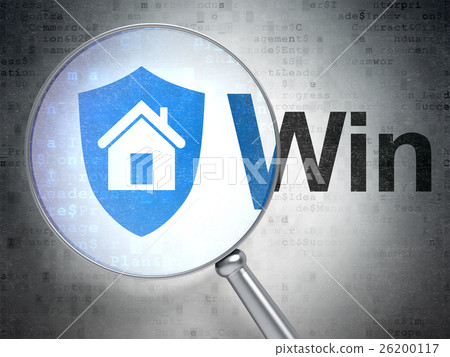 Finance concept: Shield and Win with optical glass - Stock Illustration ...
