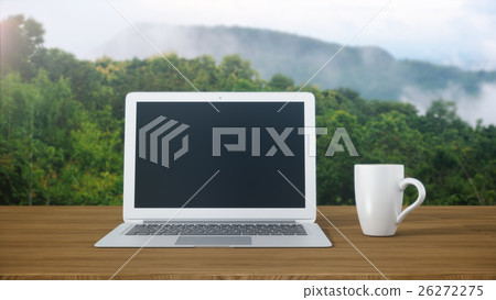 Laptop and coffee mugs on wooden table. - Stock Illustration [26272275 ...