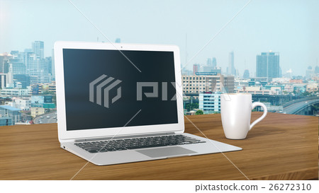 Laptop and coffee mugs on wooden table. - Stock Illustration [26272310 ...