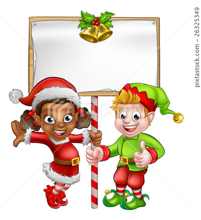 Cartoon Christmas Elves Holding Sign - Stock Illustration [26325349 ...