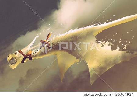 man riding on the white flying dragon - Stock Illustration [26364924 ...
