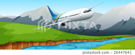 Airplane flying over the river - Stock Illustration [26447641] - PIXTA