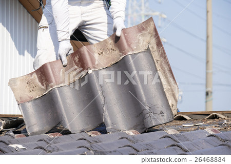Roof construction Re-roofing roof tiles Remove... - Stock Photo ...