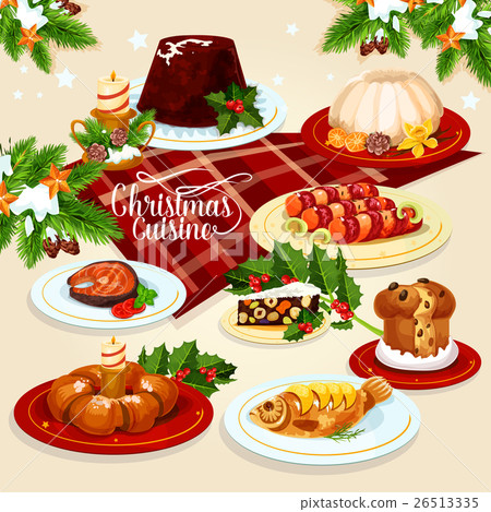 Christmas food icon with meat, fish, pastry dishes - Stock Illustration ...