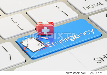 Emergency blue key on keyboard, 3D rendering - Stock Illustration ...