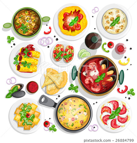 Collection of italian food top view iluustrations - Stock Illustration ...
