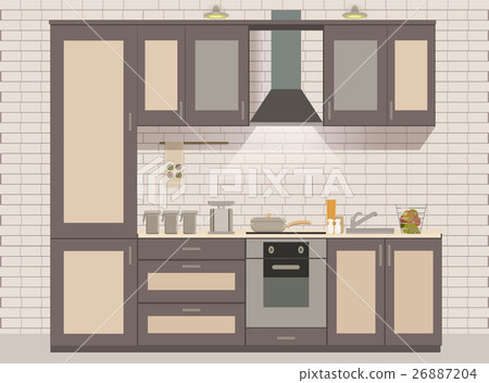 Vector kitchen interior card flat illustration - Stock Illustration ...