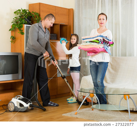 Mother, father and girl doing general cleaning - Stock Photo [27322077 ...