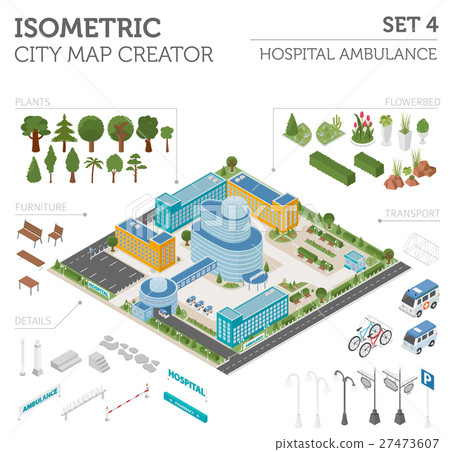 Flat 3d isometric clinic complex and city map - Stock Illustration ...